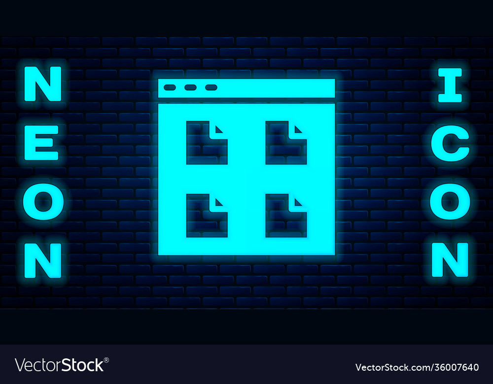 Glowing neon browser files icon isolated on brick Vector Image