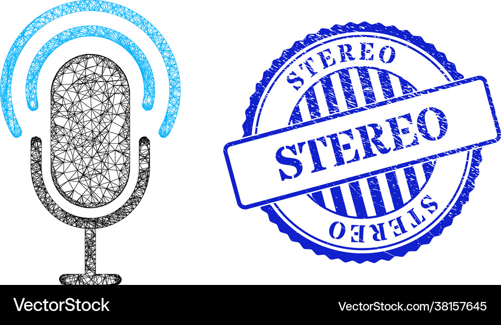 Grunge stereo badge and hatched microphone mesh Vector Image