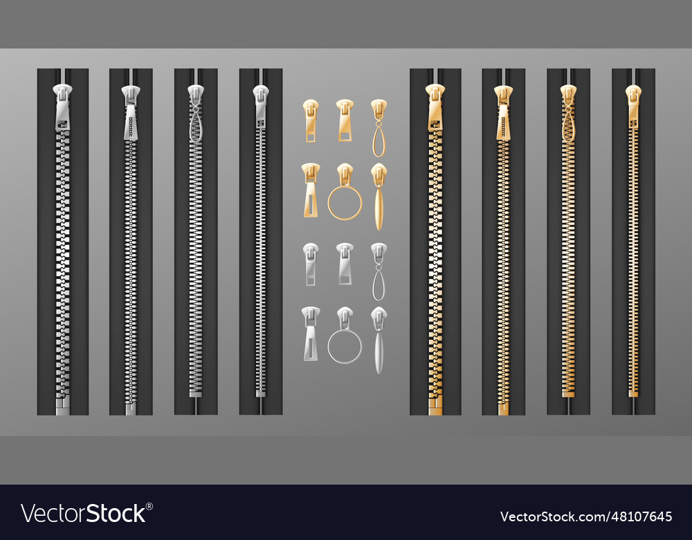 Zippers set realistic isolated silver and golden Vector Image Zippers set realistic isolated silver and golden Vector Image