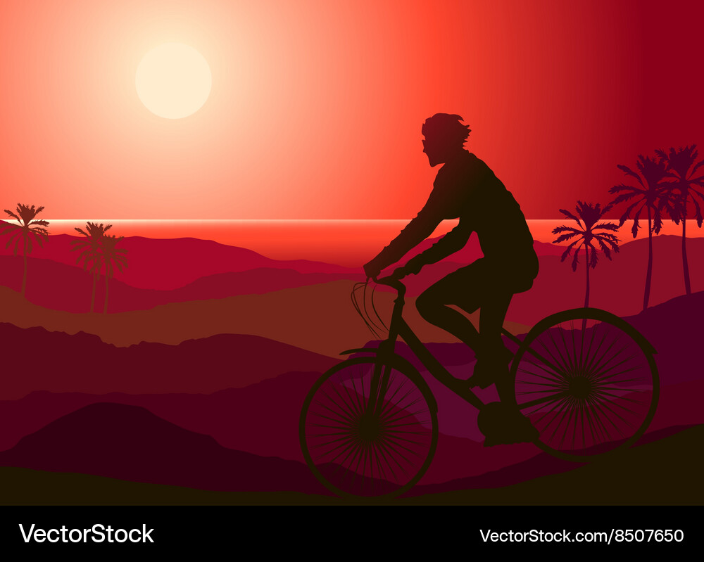 Mountain biker riding into the sunset Royalty Free Vector