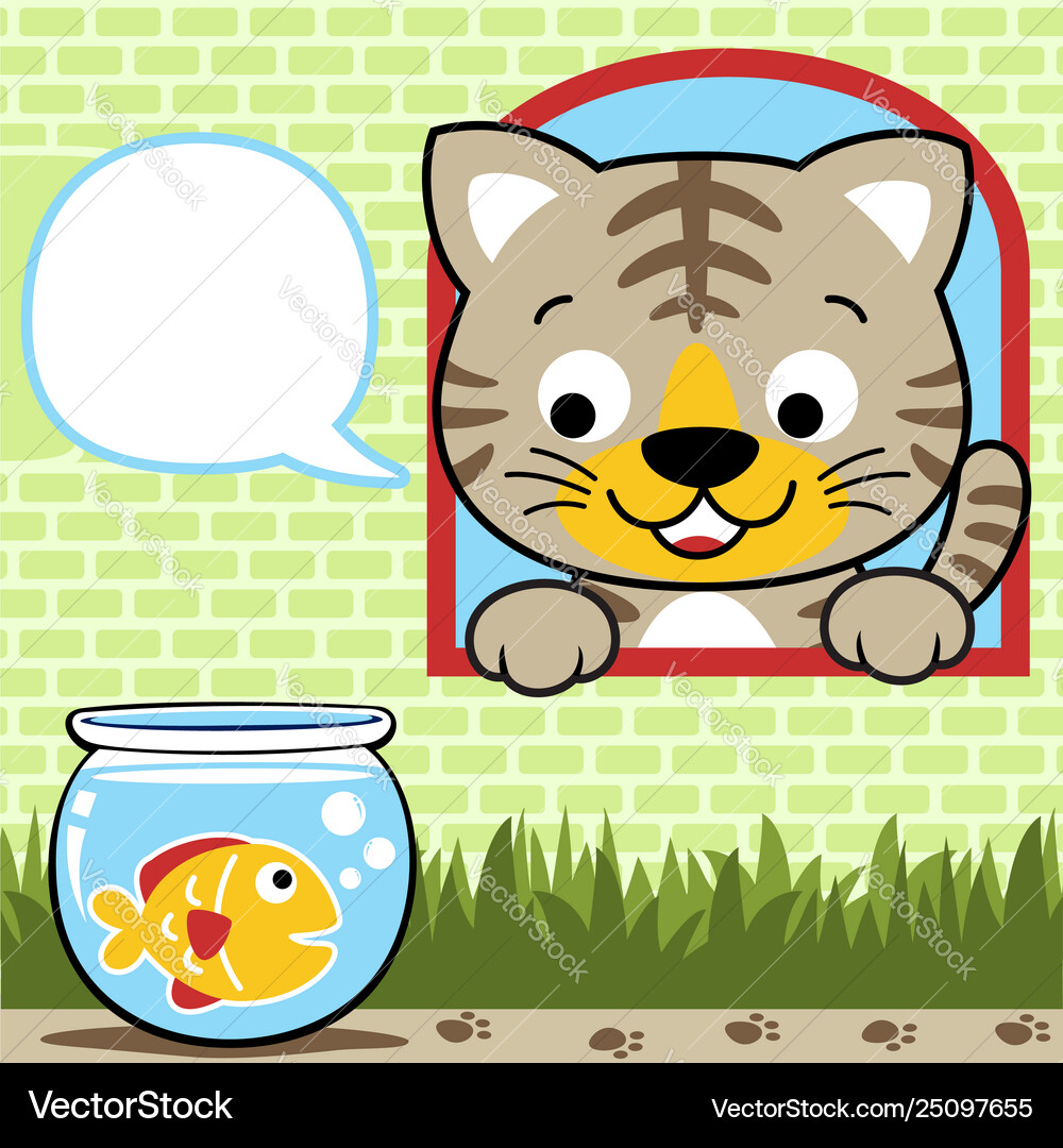 Cartoon funny cat at window with fish Royalty Free Vector