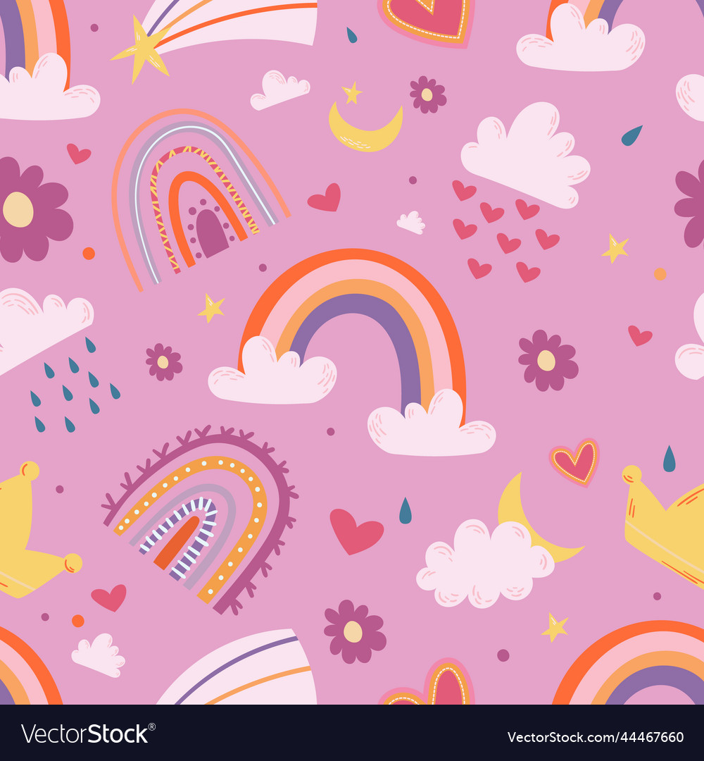 Seamless pattern with cartoon rainbows clouds Vector Image
