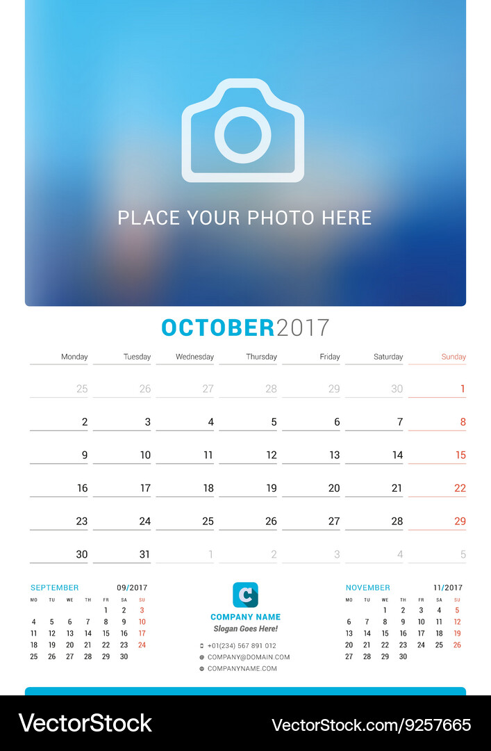 October 2017 wall monthly calendar for year Vector Image