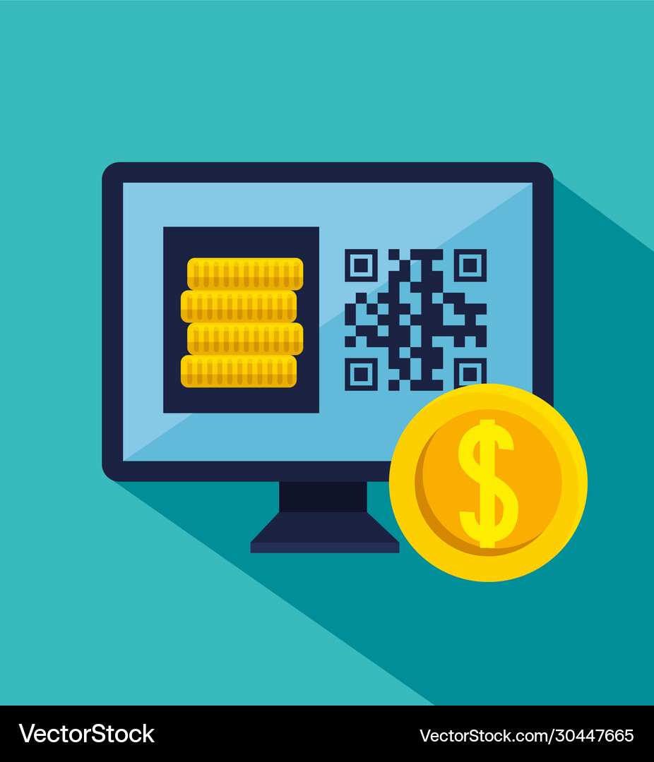 Qr code inside computer and coins design Vector Image