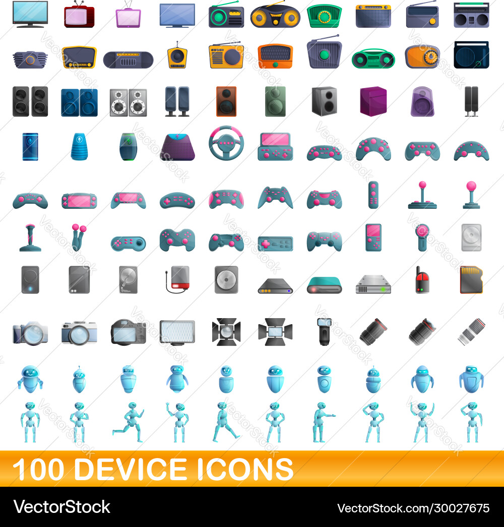 100 device icons set cartoon style Royalty Free Vector Image