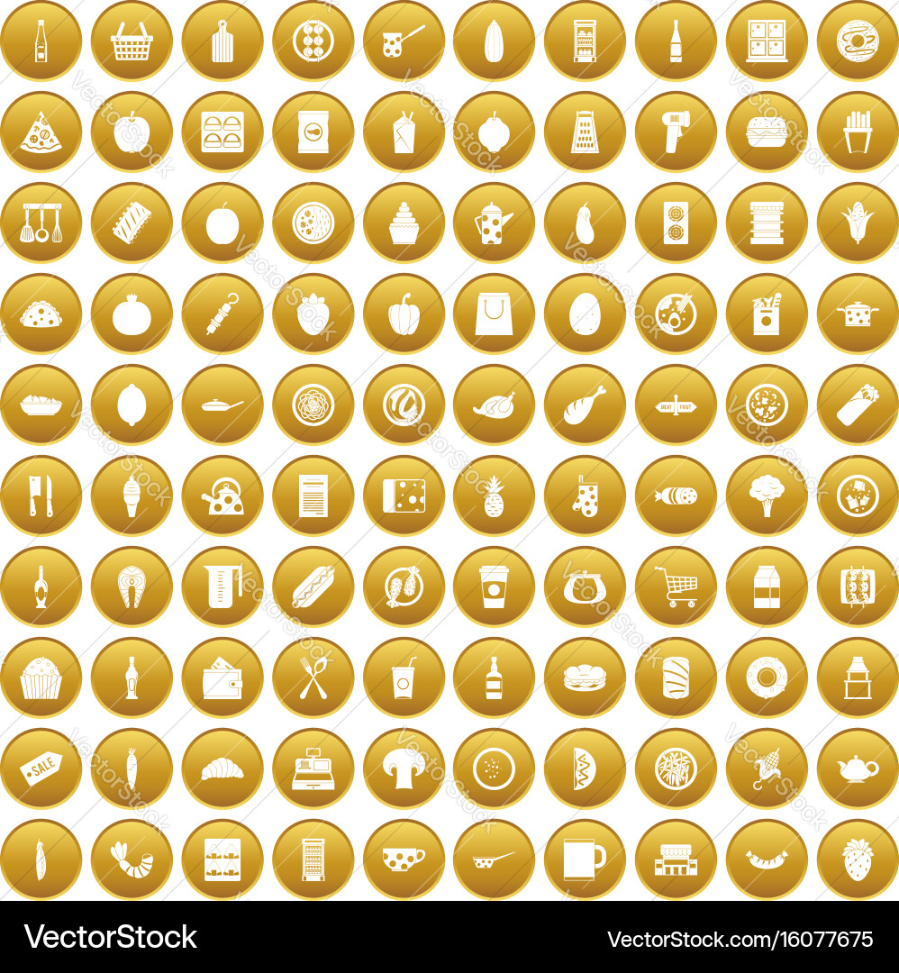 100 lunch icons set gold Royalty Free Vector Image
