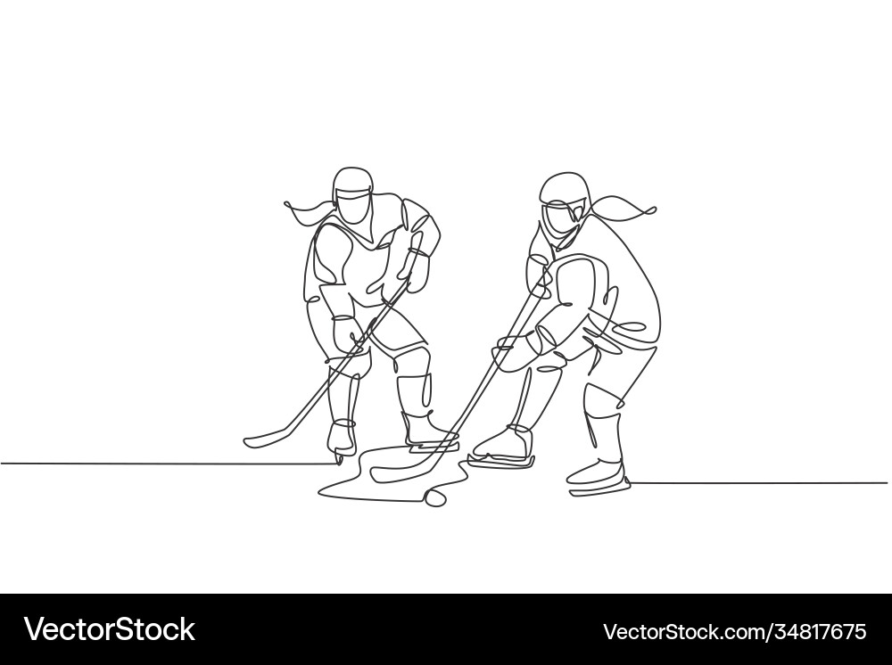 One single line drawing young two ice hockey Vector Image