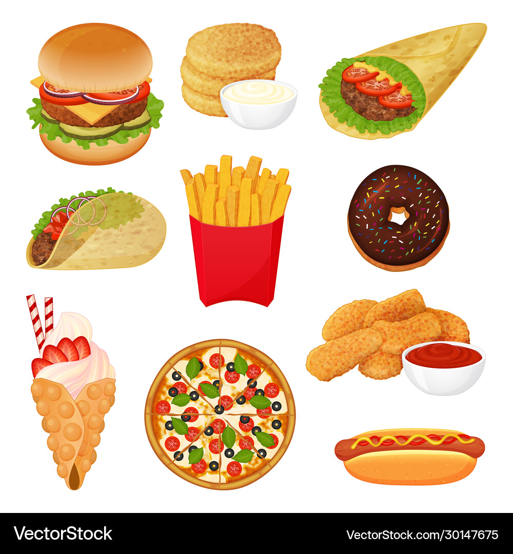 Set fast food icons on white background Royalty Free Vector
