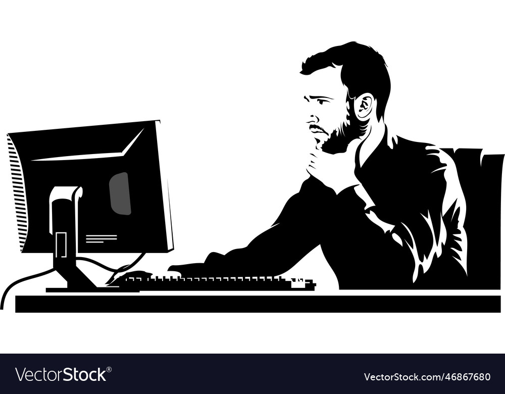 A man in an office looks at computer screen Vector Image