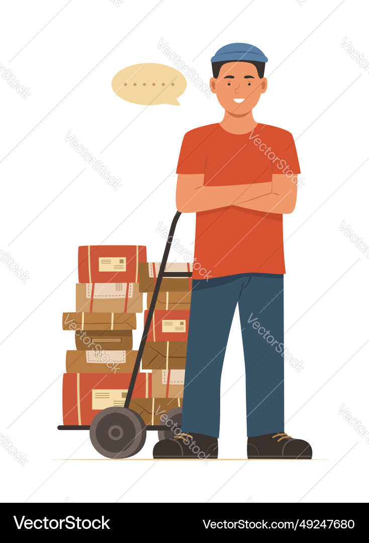 Delivery man and trolley with parcel box shipping Vector Image