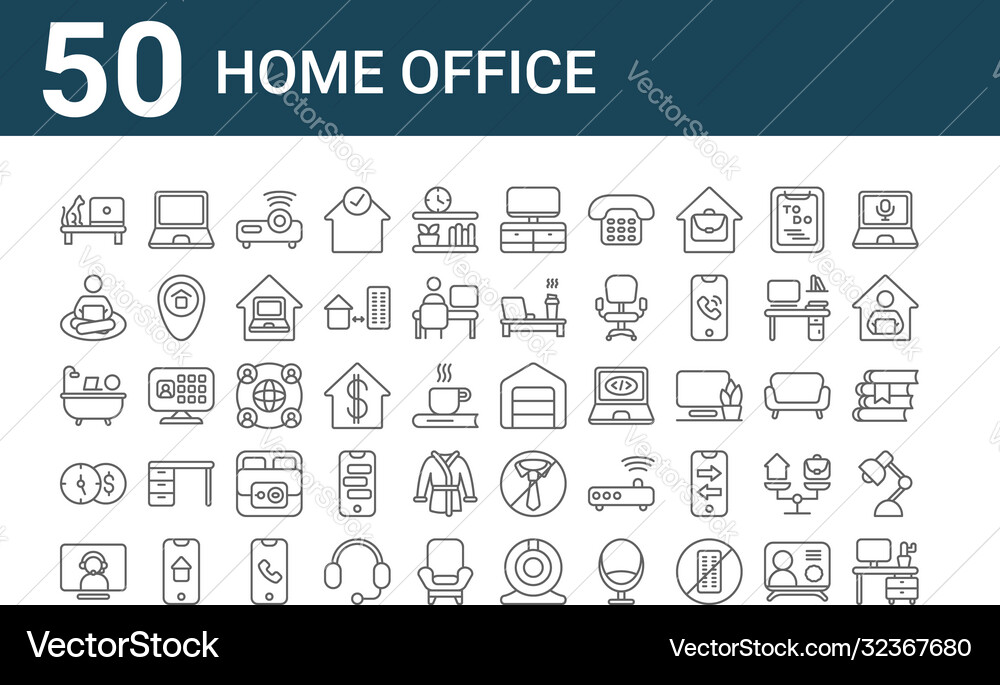 Set 50 home office icons outline thin line Vector Image