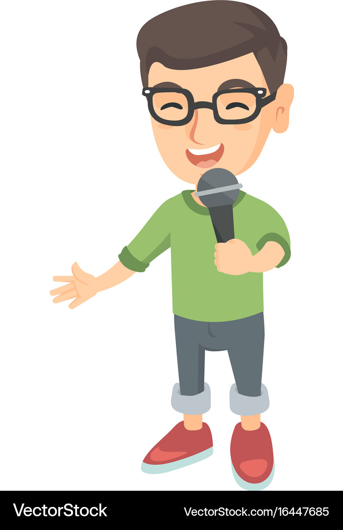 Caucasian little boy singing into a microphone Vector Image