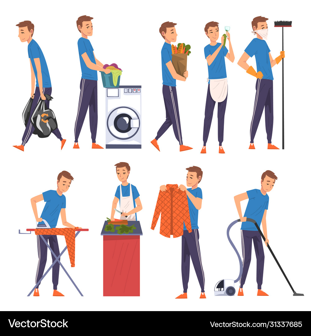 Young man cleaning vacuuming doing shopping Vector Image