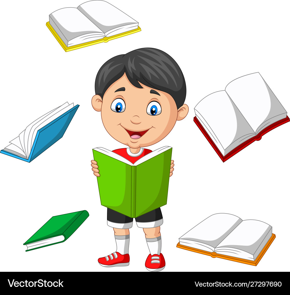 Little boy surrounded flying books Royalty Free Vector Image