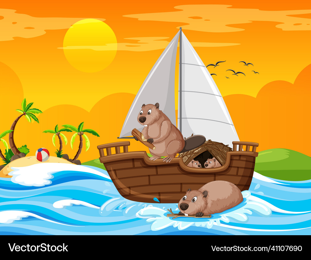 Ocean scene with beavers on a sailboat Royalty Free Vector