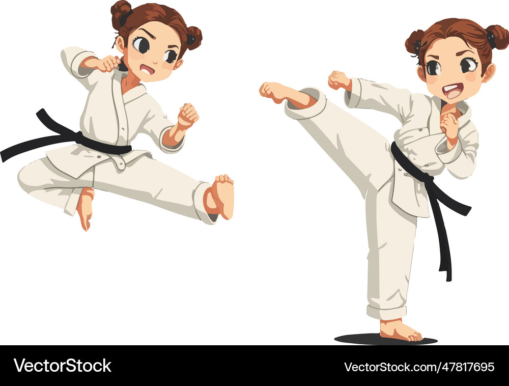 Cute little kid training karate with friend Vector Image