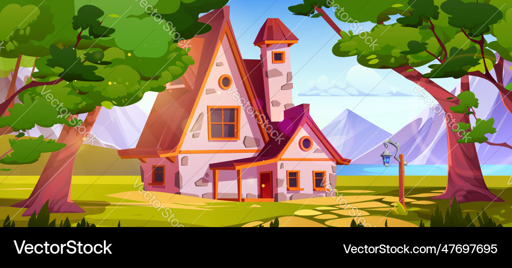 House in forest near mountain river background Vector Image