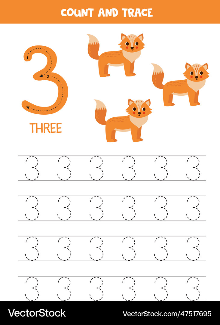 Trace numbers number 3 three cute cartoon foxes Vector Image