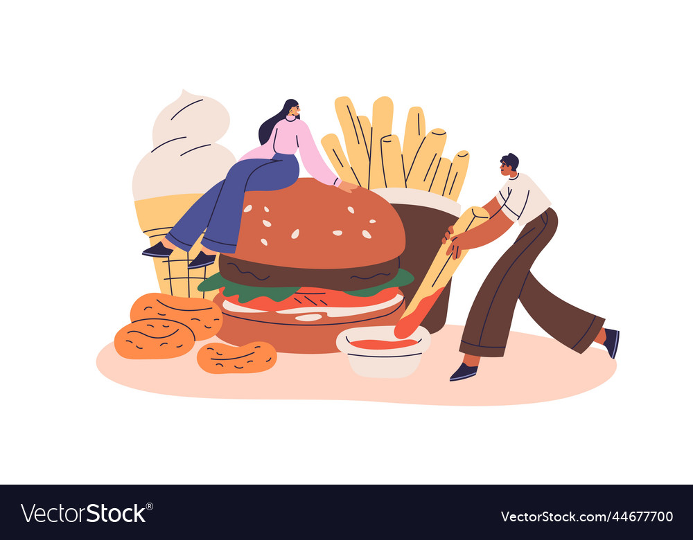 Fast Food Concept Tiny People Eating Fastfood Vector Image