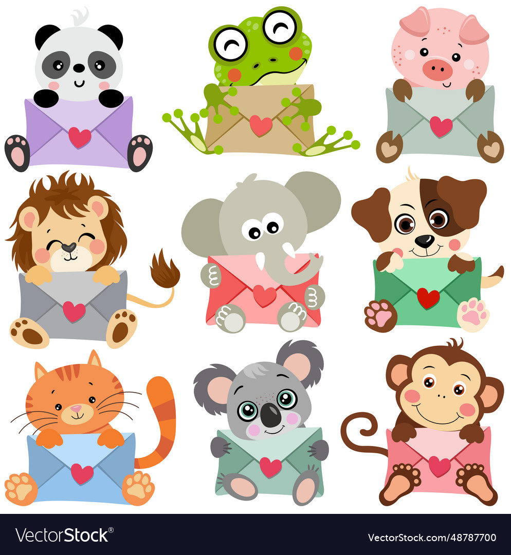 Set of cute animal love letters Royalty Free Vector Image