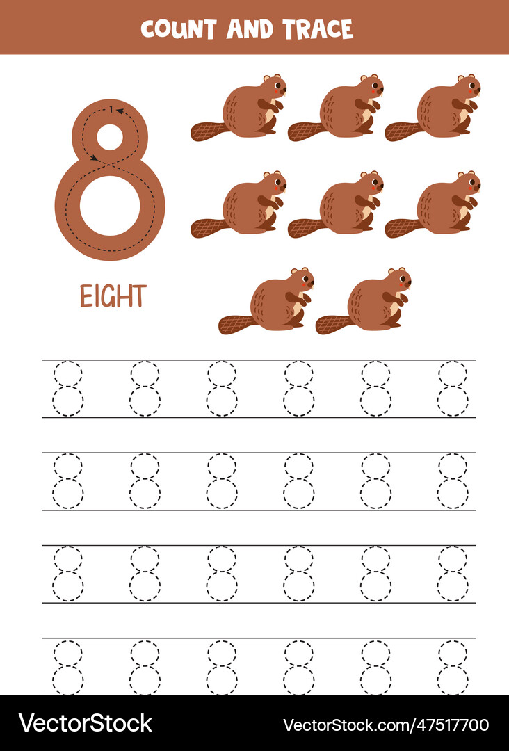 Trace numbers number 8 eight cute beavers Vector Image