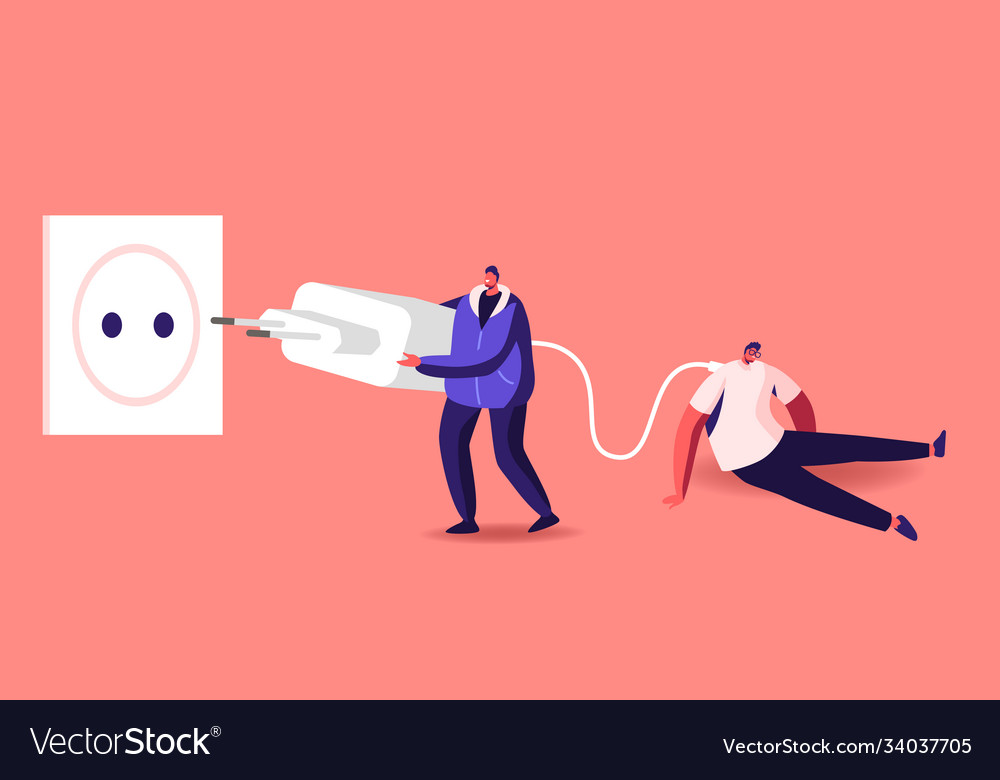 Tiny character put huge plug into socket to Vector Image