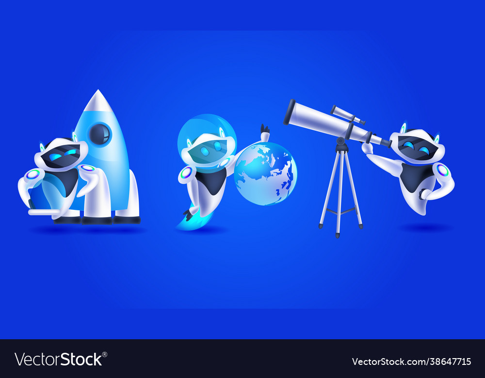 Set modern robots with rocket globe and telescope Vector Image Set modern robots with rocket globe and telescope Vector Image