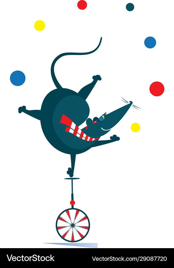Equilibrist rat or mouse on unicycle juggles balls