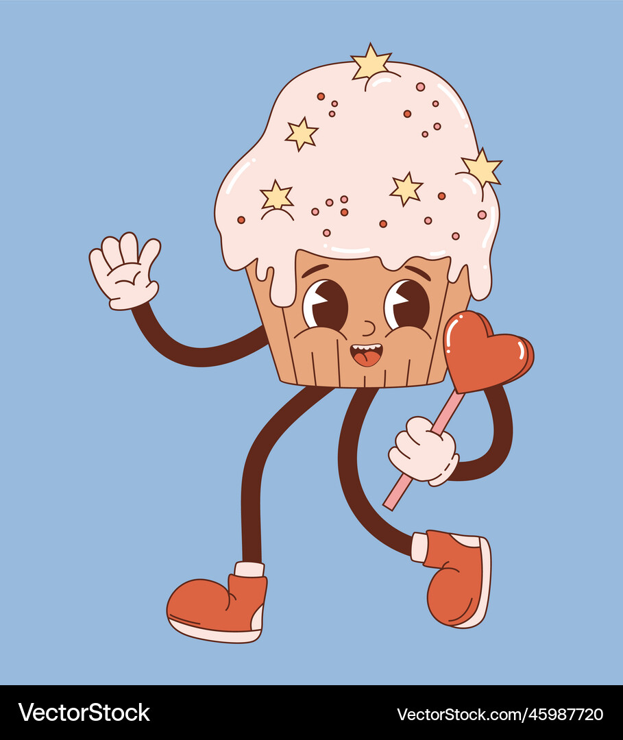 Retro groovy cartoon character cake cupcake Vector Image