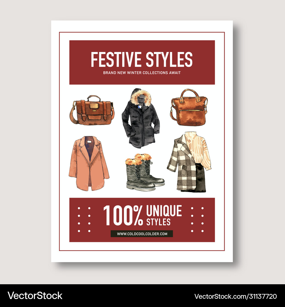 Winter style poster design with boots bag coat Vector Image
