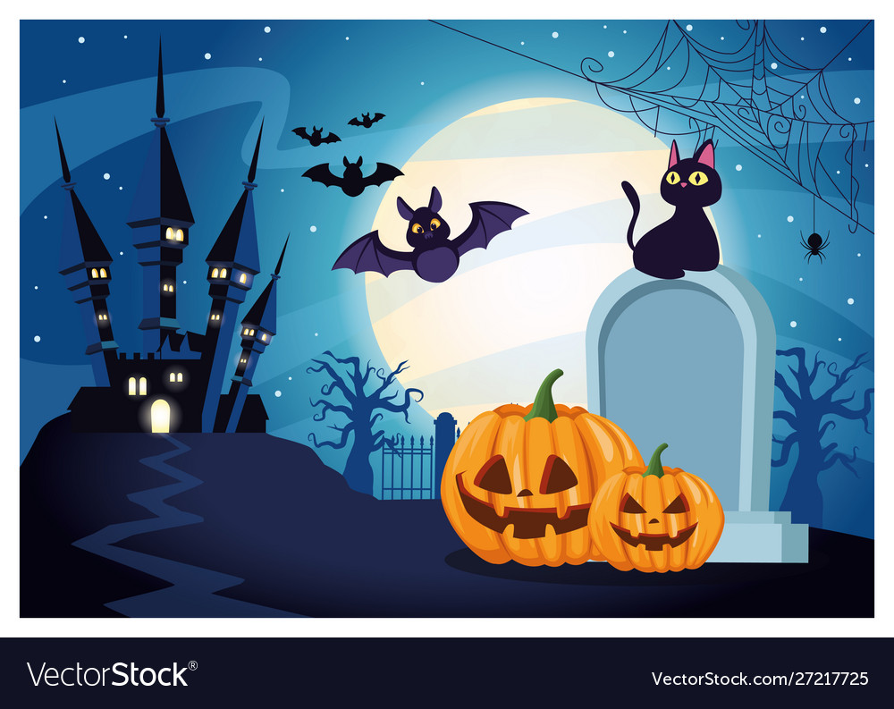 Halloween dark scene with pumpkin and graveyard Vector Image