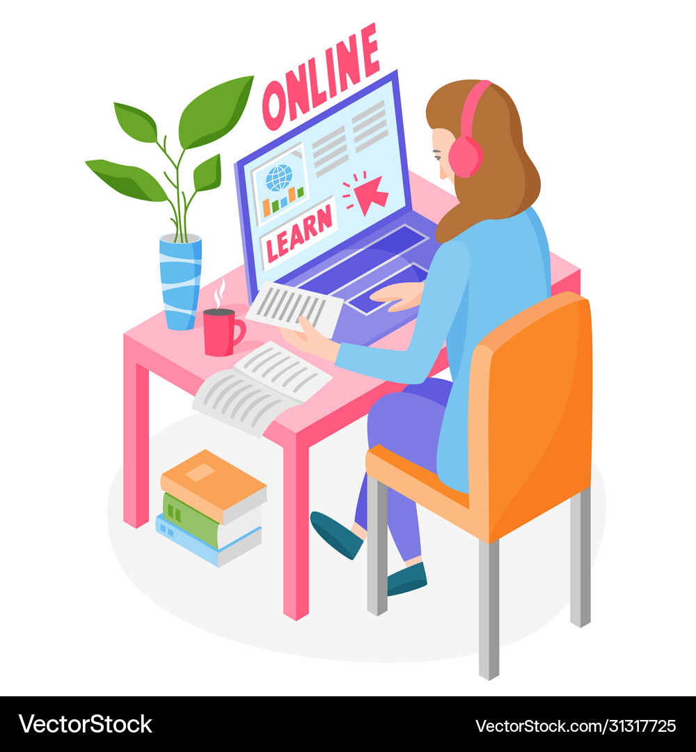 Learning online concept woman studying via Vector Image