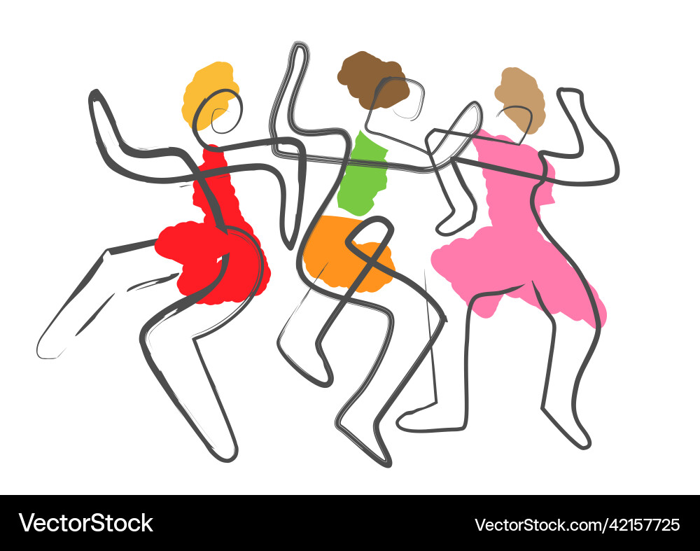 Three dancing women dance party line art Vector Image
