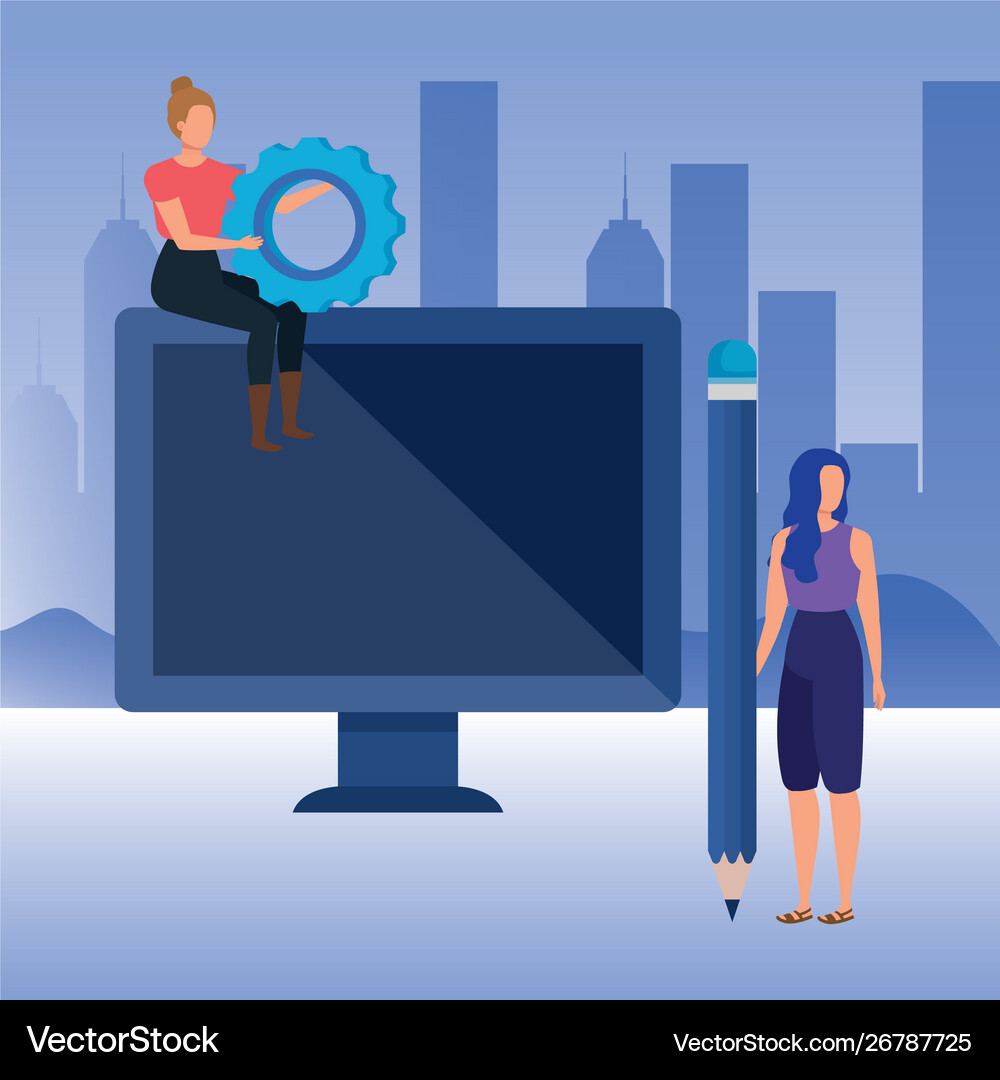 Young women with desktop characters Royalty Free Vector