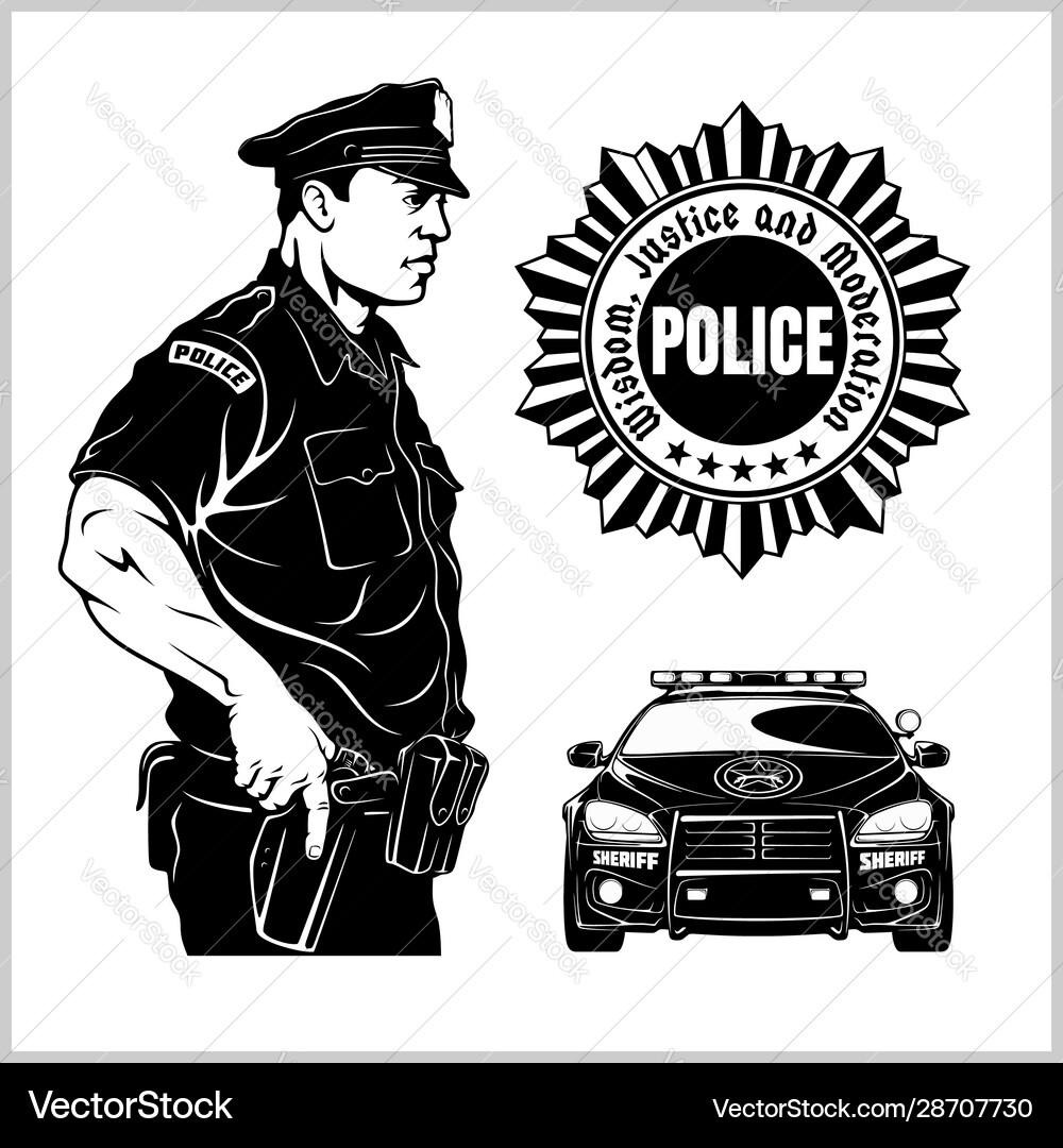 Police set - car and policeman Royalty Free Vector Image