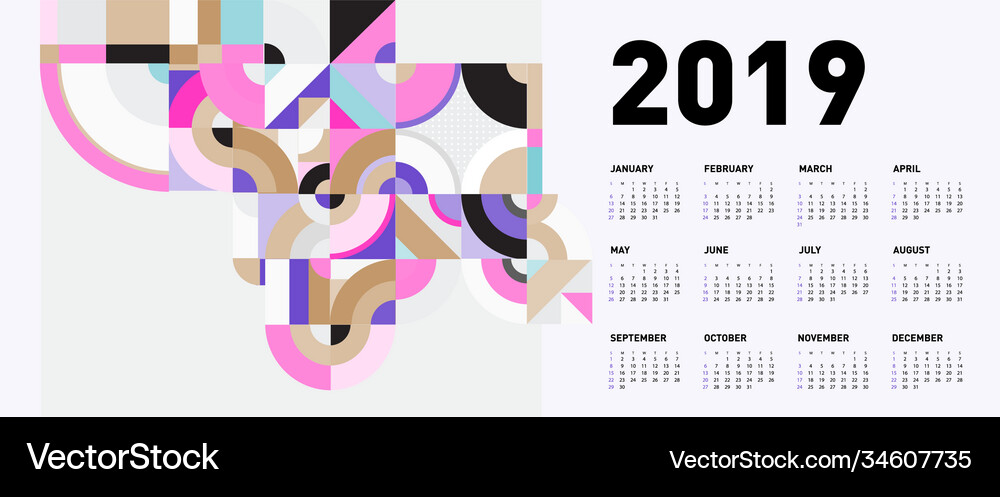 2019 calendar design template with colorful Vector Image