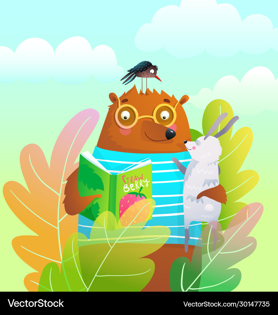 Bear teddy and rabbit reading book in nature Vector Image
