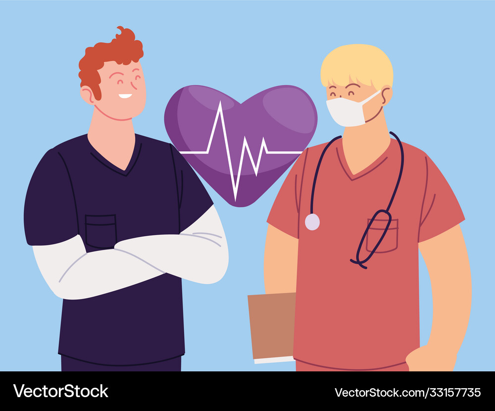 Men doctors with uniforms and heart pulse Vector Image