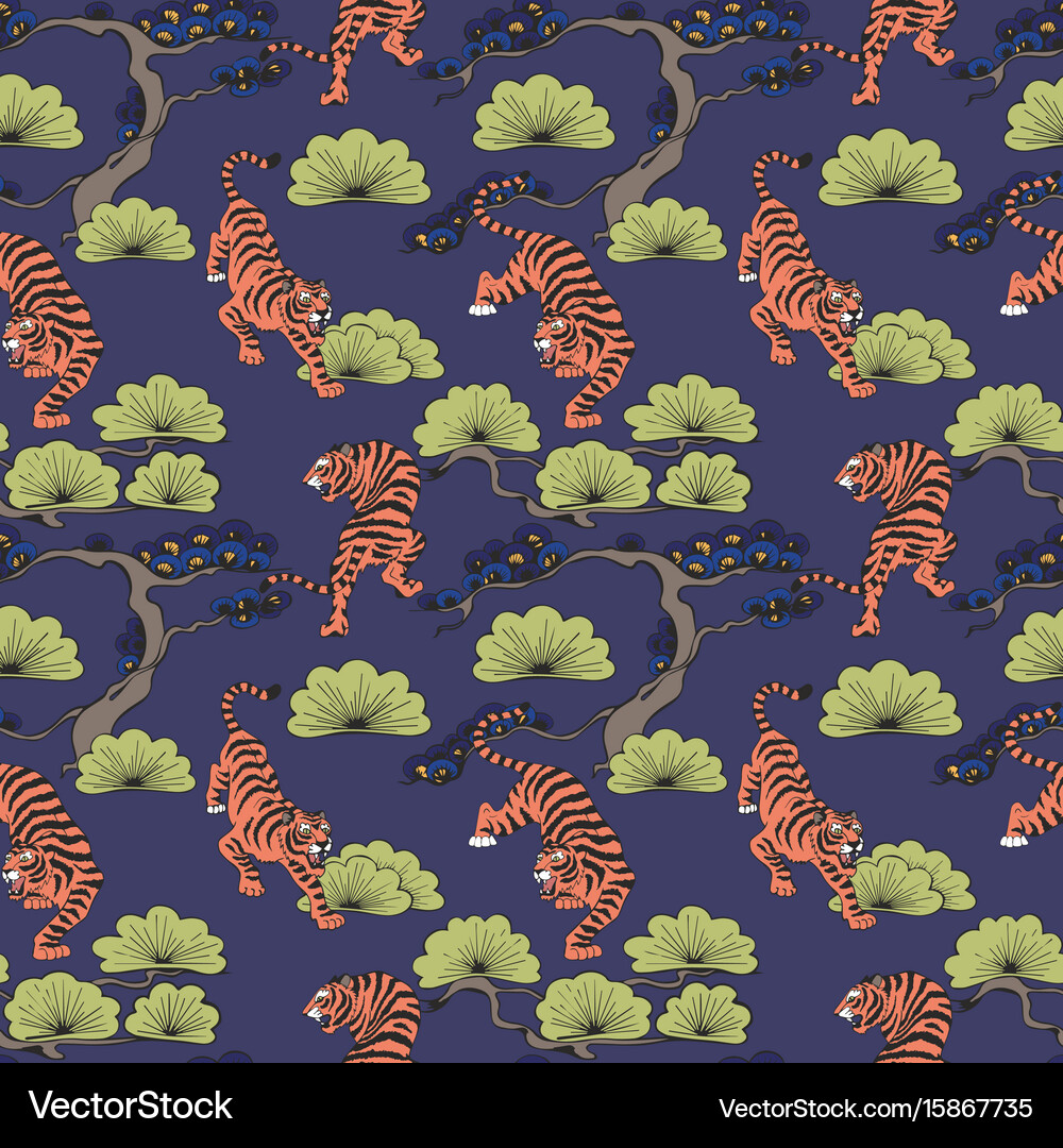 Seamless pattern with tigers in japanese style Vector Image