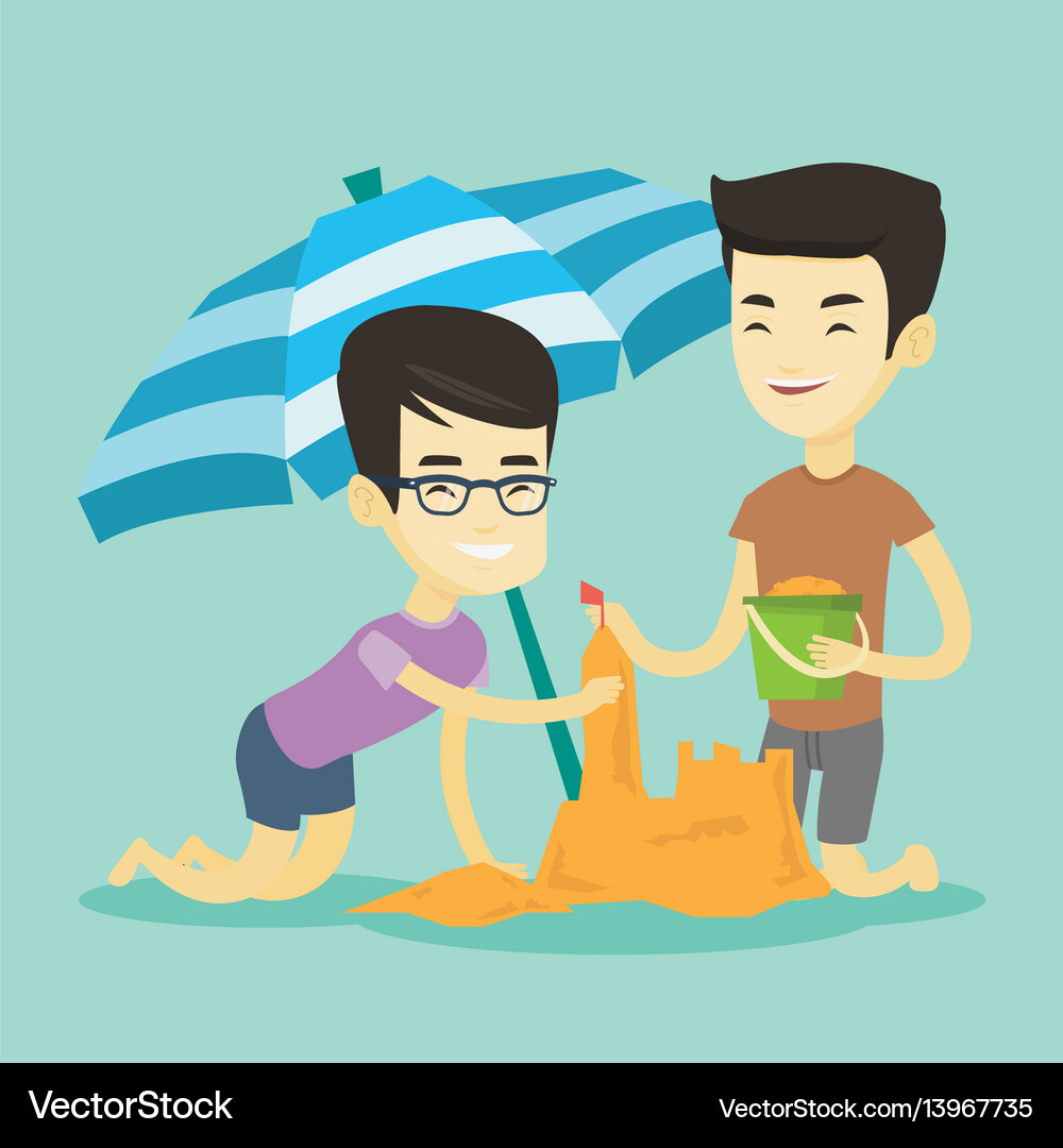 Two friends building sandcastle on beach Vector Image