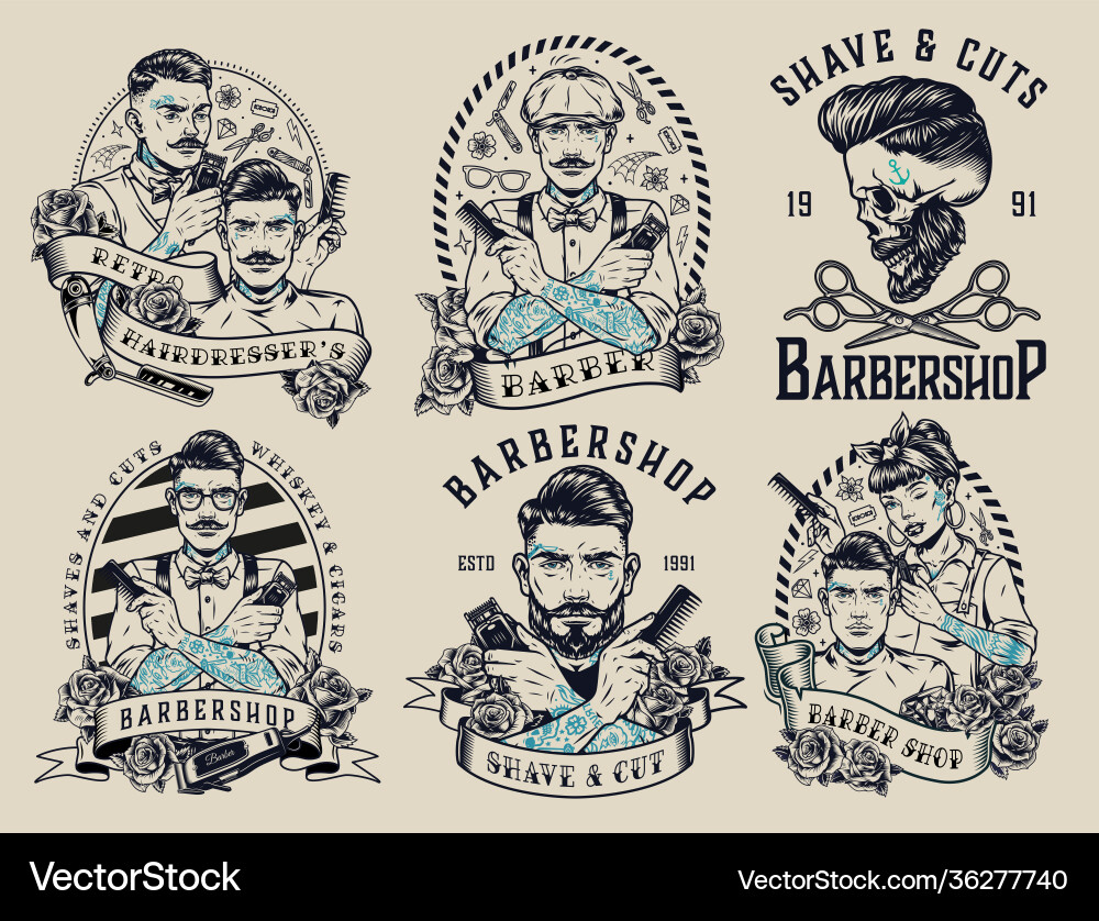 Barbershop vintage monochrome emblems Royalty Free Vector