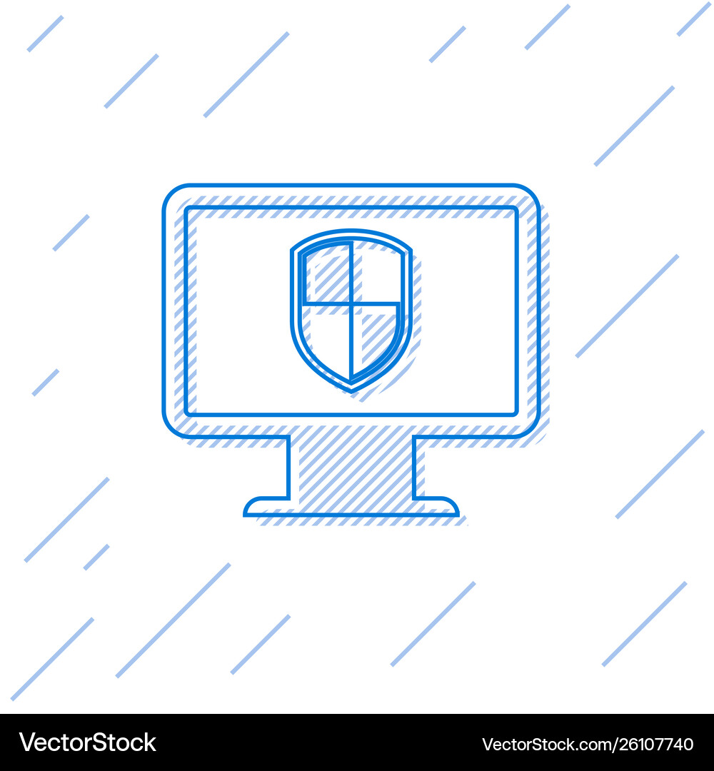 Blue computer monitor and shield line icon Vector Image