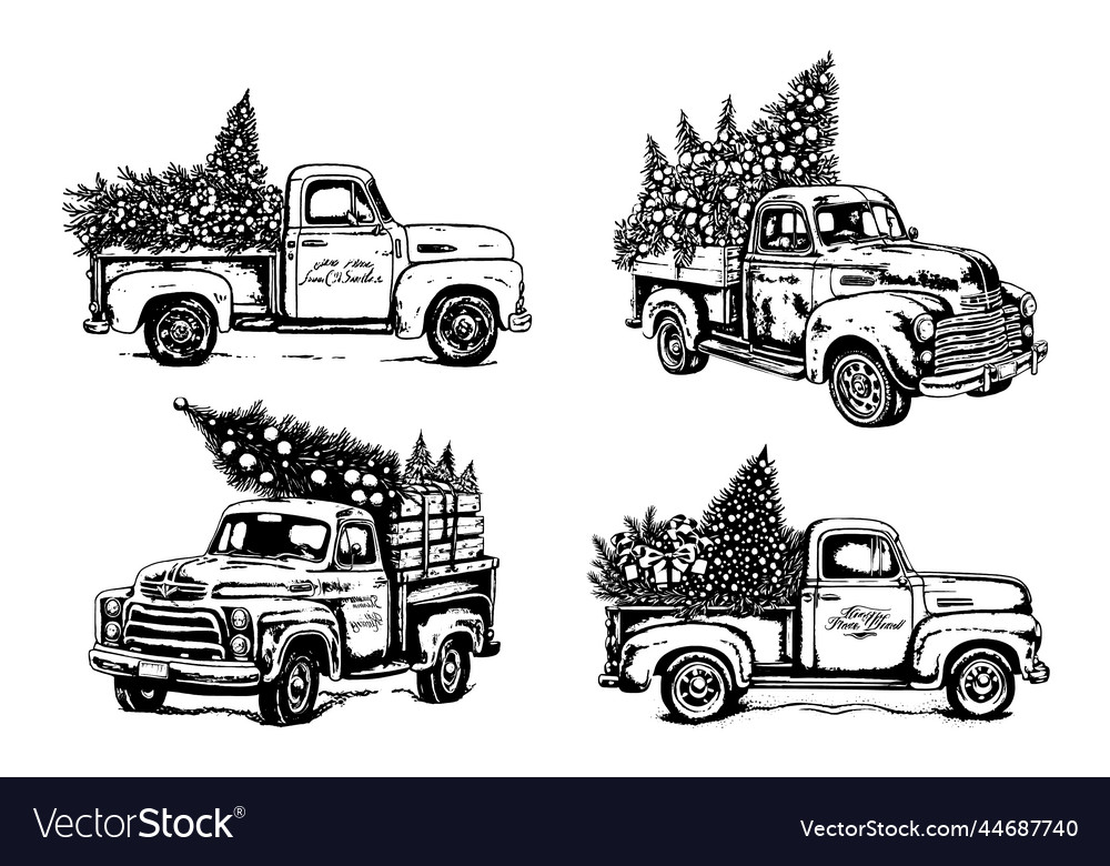 Truck Clip Art Black And White Christmas Truck With Christmas Trees