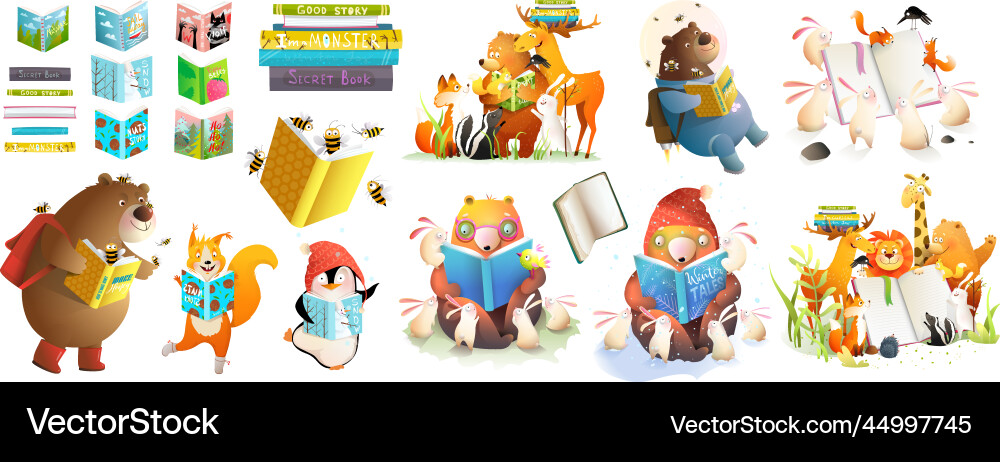 Animals read book or study clipart school bundle Vector Image