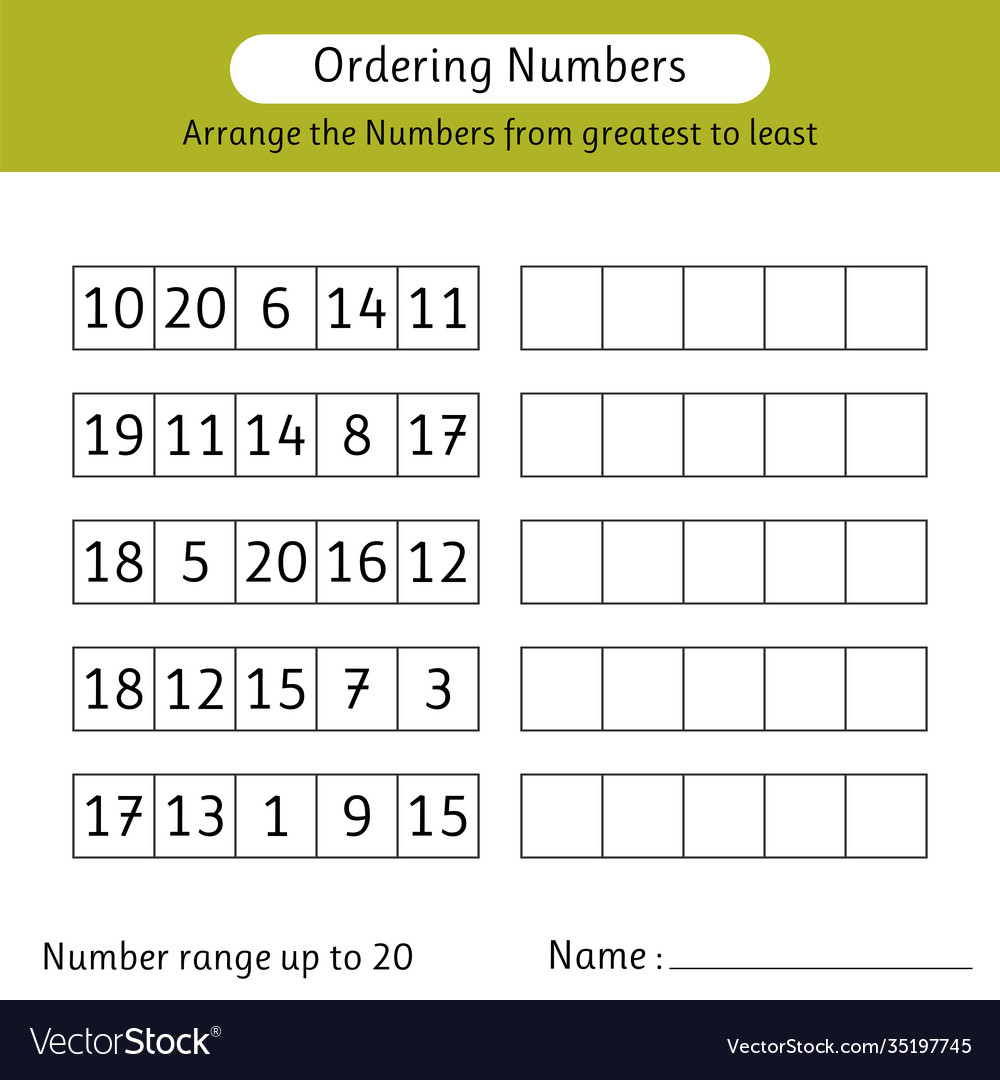 Ordering numbers worksheet arrange Royalty Free Vector Image