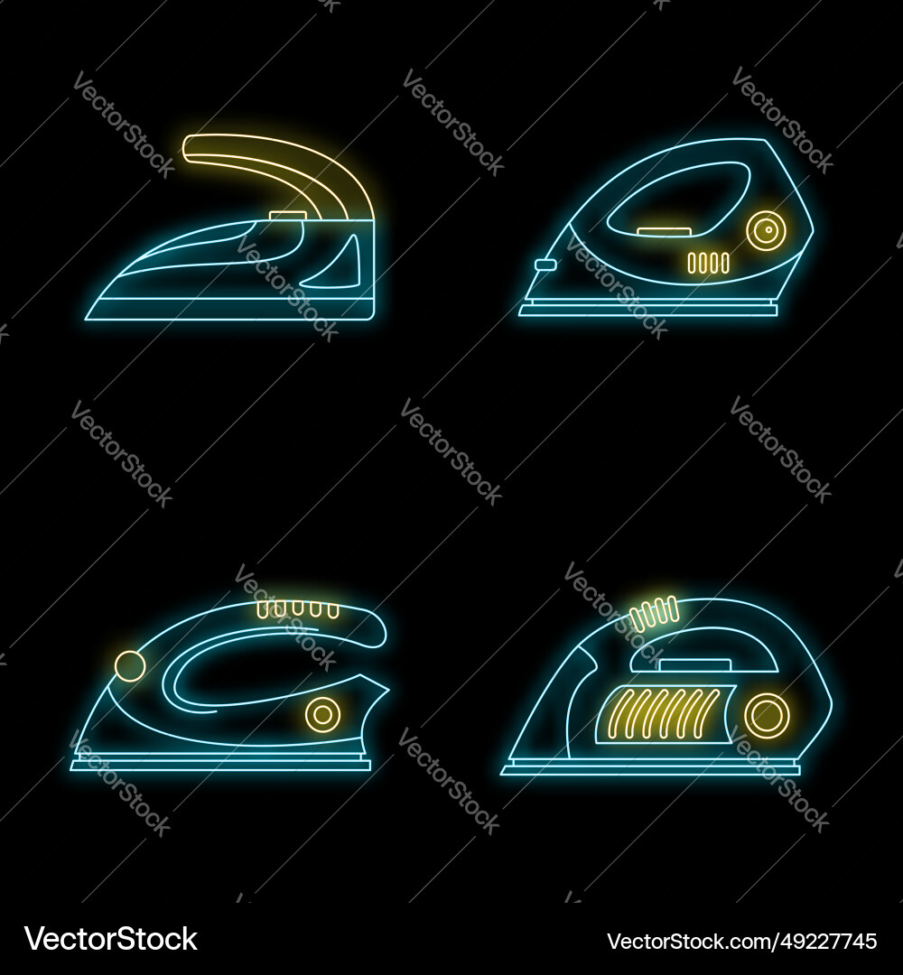 Smoothing iron drag icons set neon Royalty Free Vector Image