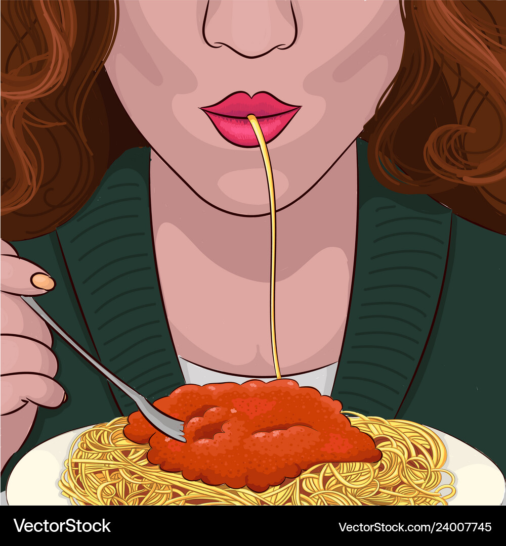 Woman eat spaghetti hand drawing portrait Vector Image