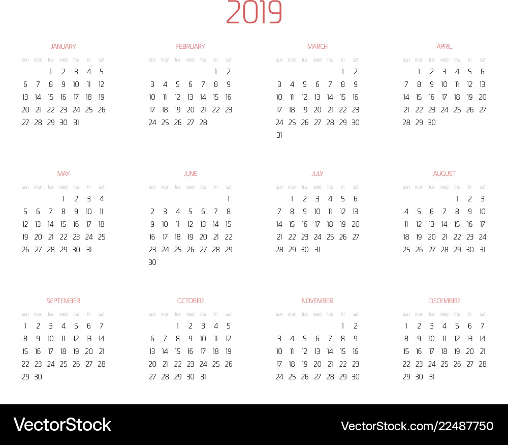 Calendar - year 2019 week starts from Royalty Free Vector