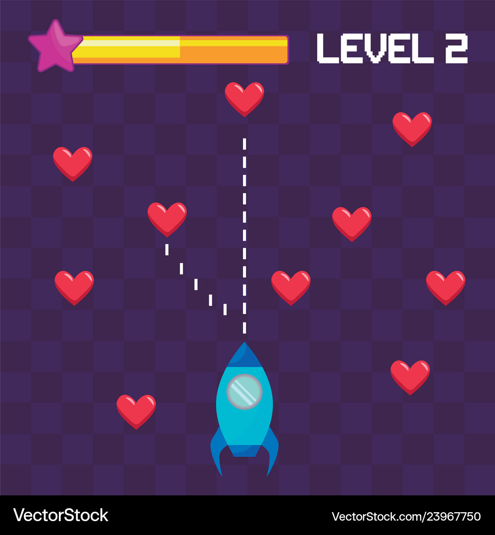 Classic video game rocket flying and hearts Vector Image