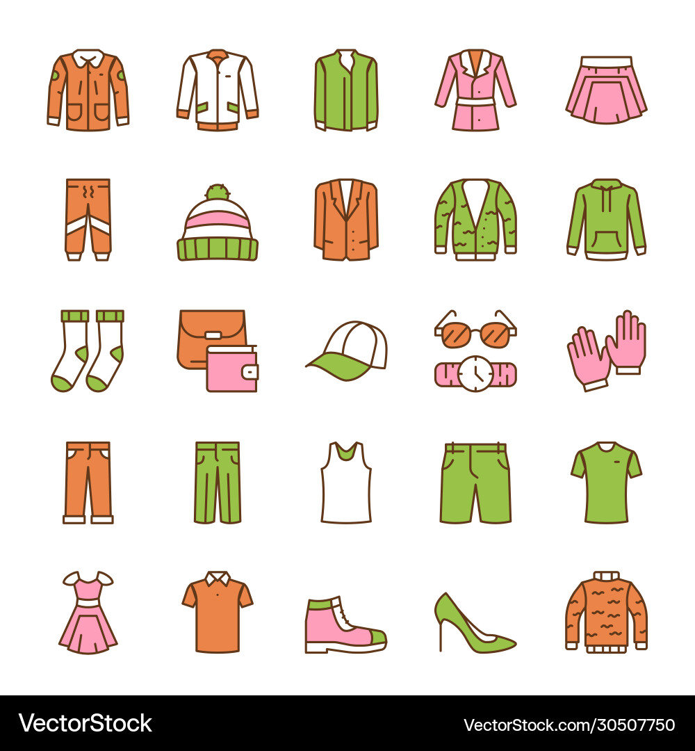 Color linear icon set clothing wardrobe Royalty Free Vector